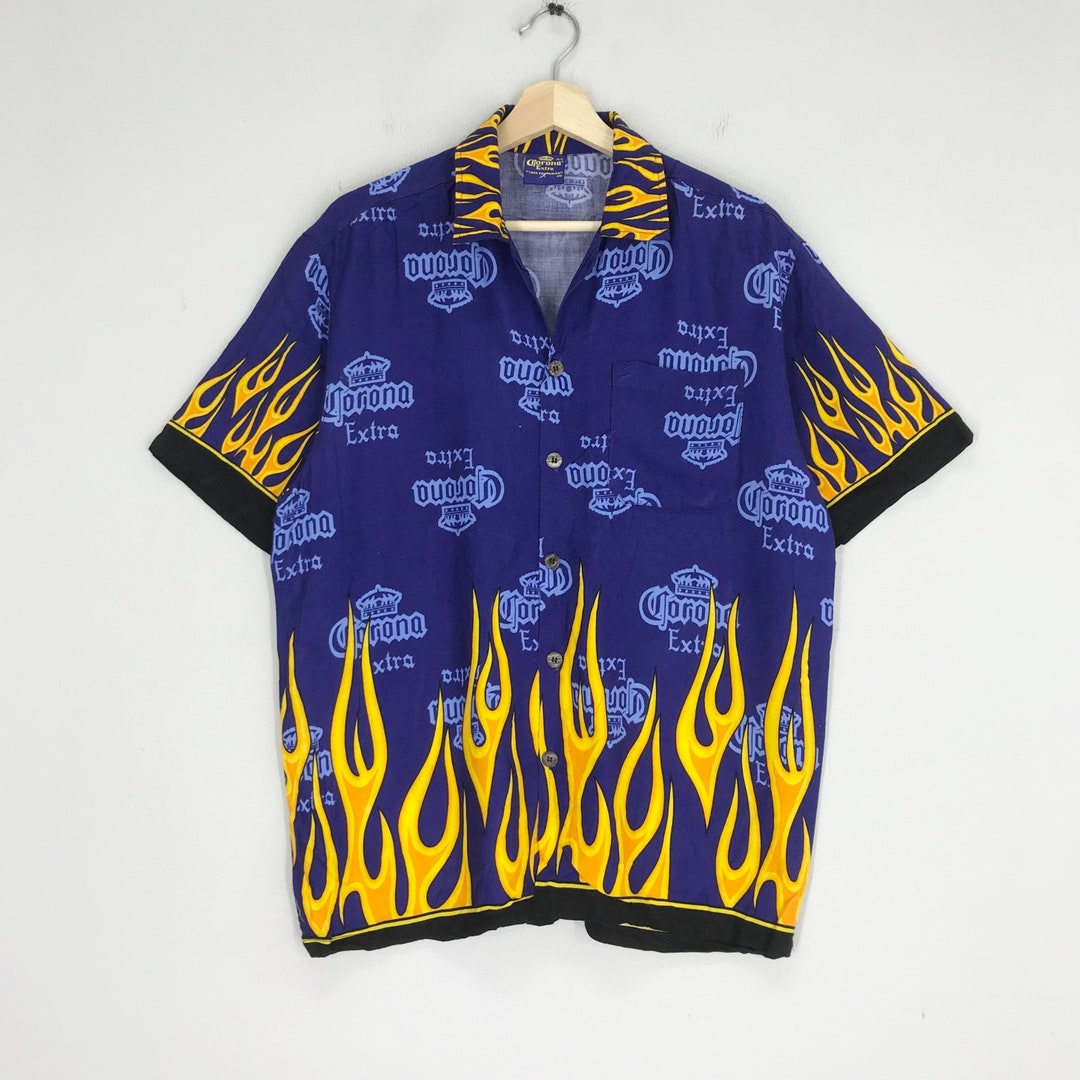 Vintage 90s Hawaiian Rayon Fire Flame Motif Blue Shirt Hawaiian Aloha ...