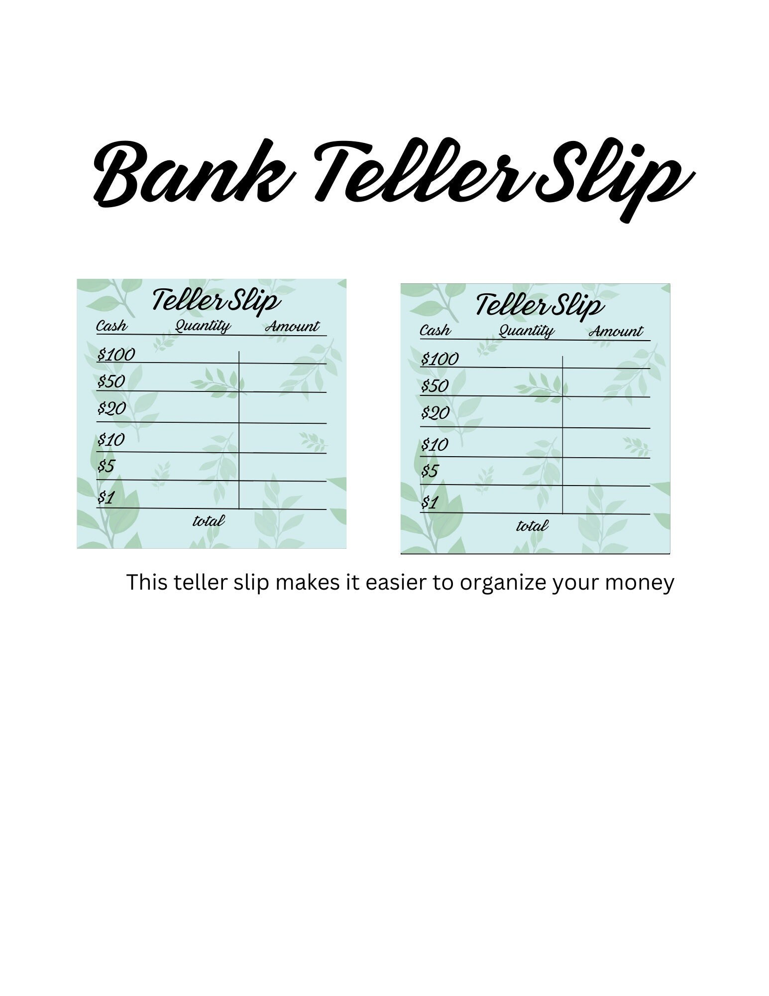 PRINTABLE Cash Breakdown Slip Bank Teller Slip Bank Teller Slips for ...