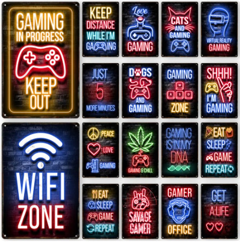Gamepad Vintage Metal Poster Neon Light Glow Lettering Decorative Tin ...