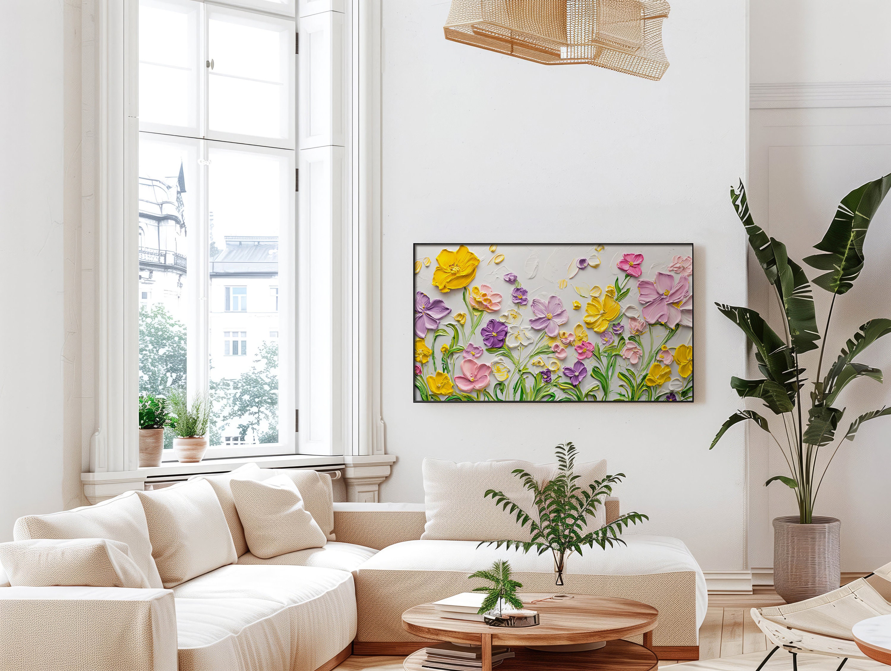 Summer Frame TV Art, Bright Pastel Floral Textured 3D Painting ...