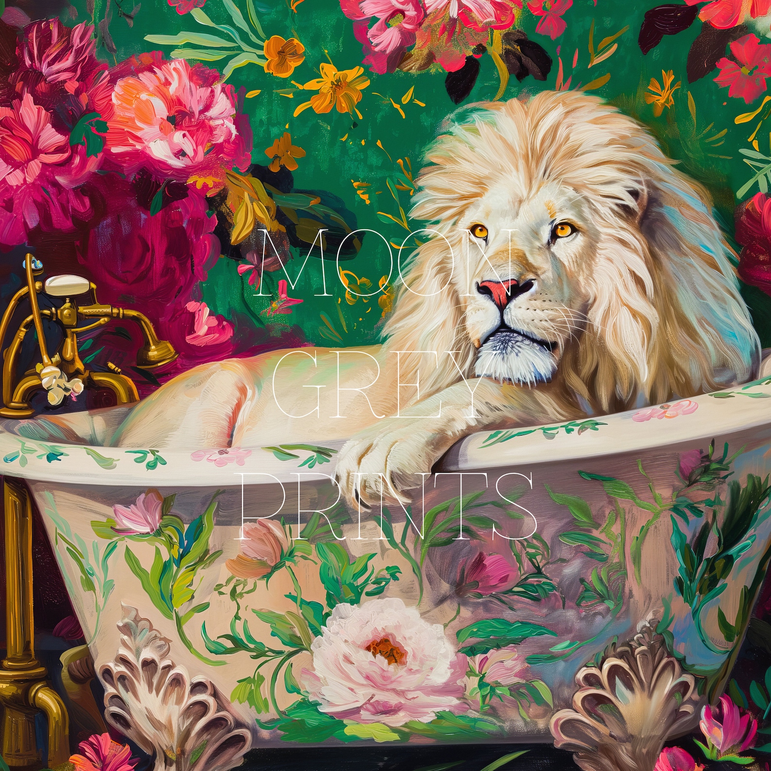 Bathroom Printable Wall Art, White Lion in Bathtub Maximalist Oil ...