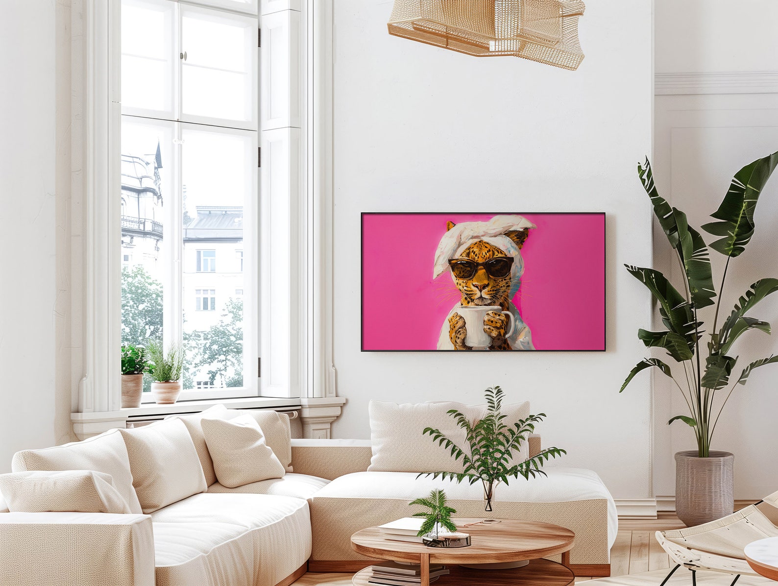 Dopamine Frame TV Art, Leopard Drinking Morning Coffee Maximalist Oil ...
