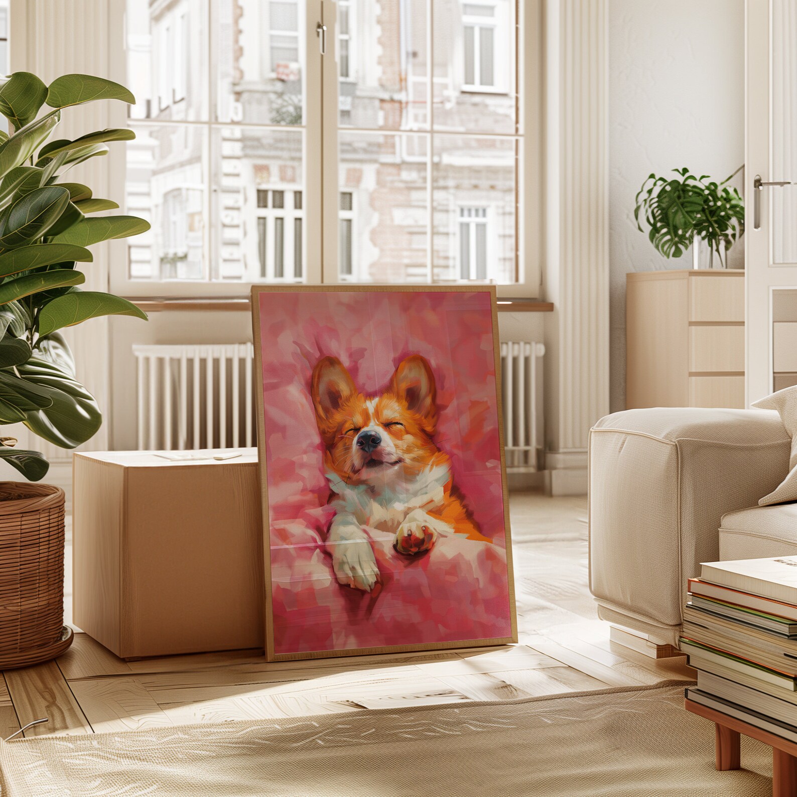 Printable Wall Art, Sleeping Corgi Preppy Oil Painting, Dopamine Decor ...