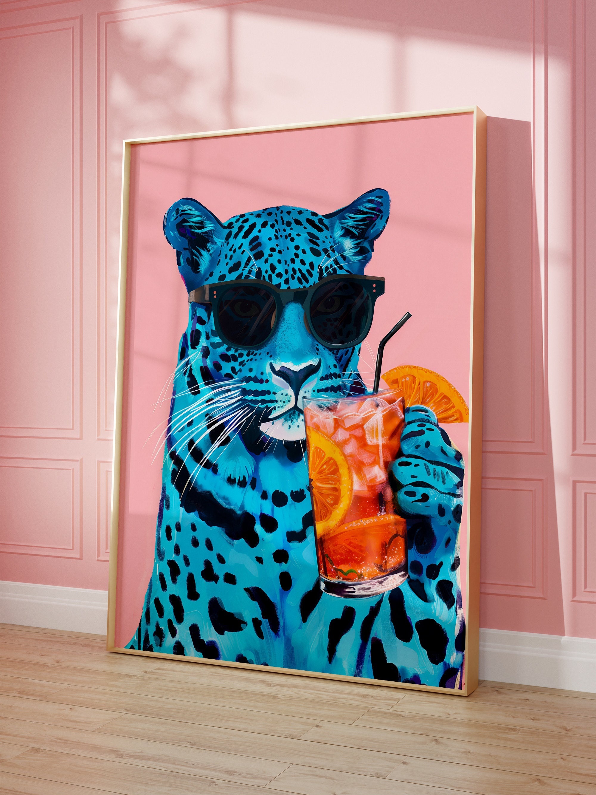 Printable Wall Art, Blue Leopard With Aperol Maximalist Oil Painting, Colorful Dopamine Bar ...