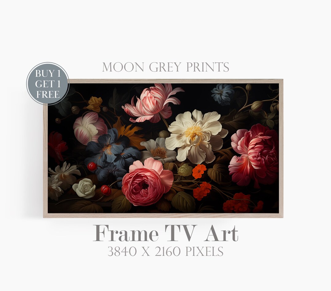 Dramatic Flowers Dark Academia Frame TV Art, Photorealistic Baroque Chiaroscuro Colorful ...