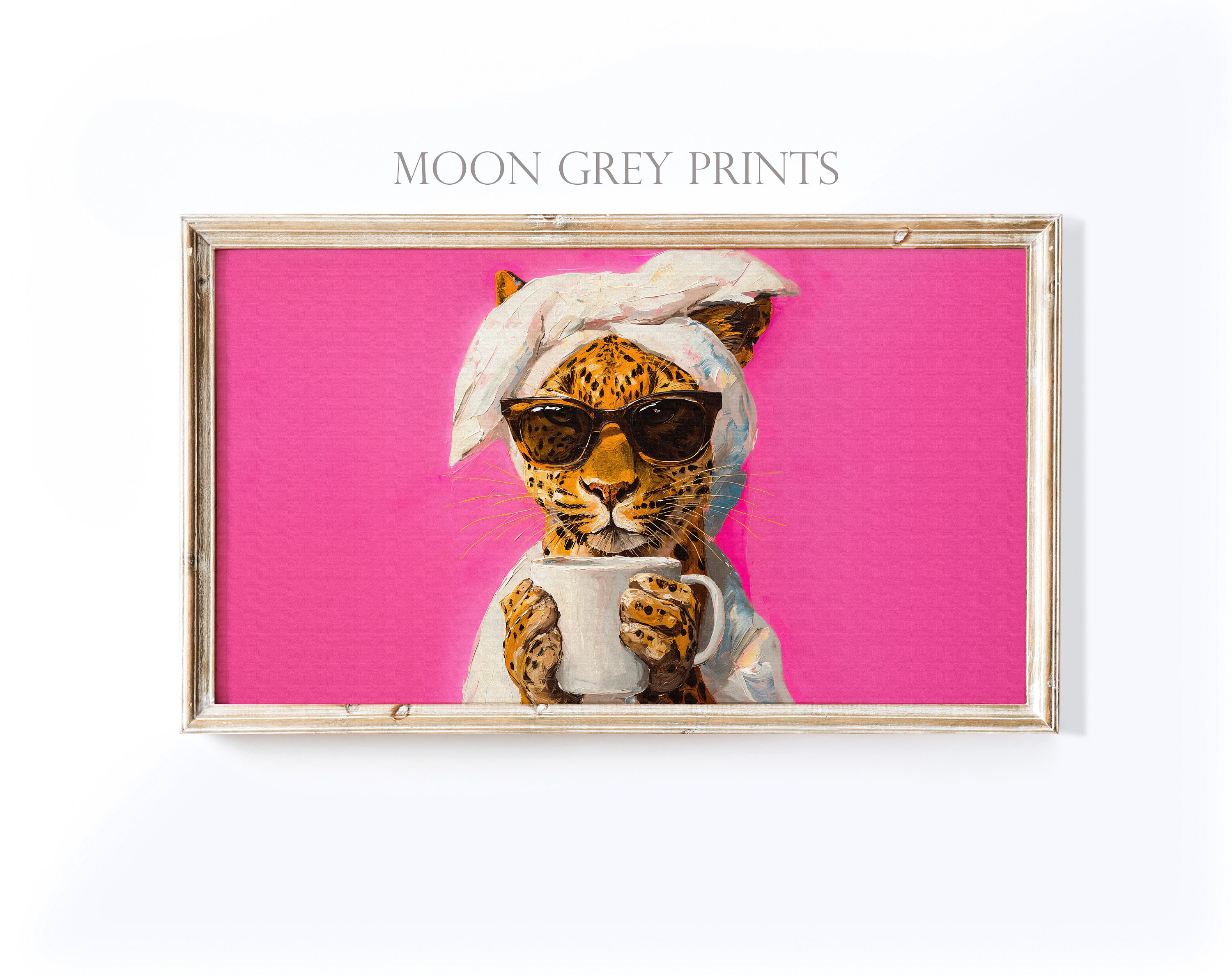 Dopamine Frame TV Art, Leopard Drinking Morning Coffee Maximalist Oil ...