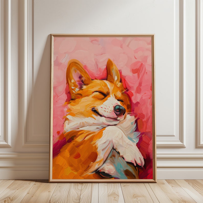 Printable Wall Art, Sleeping Corgi Preppy Oil Painting, Dopamine Decor ...