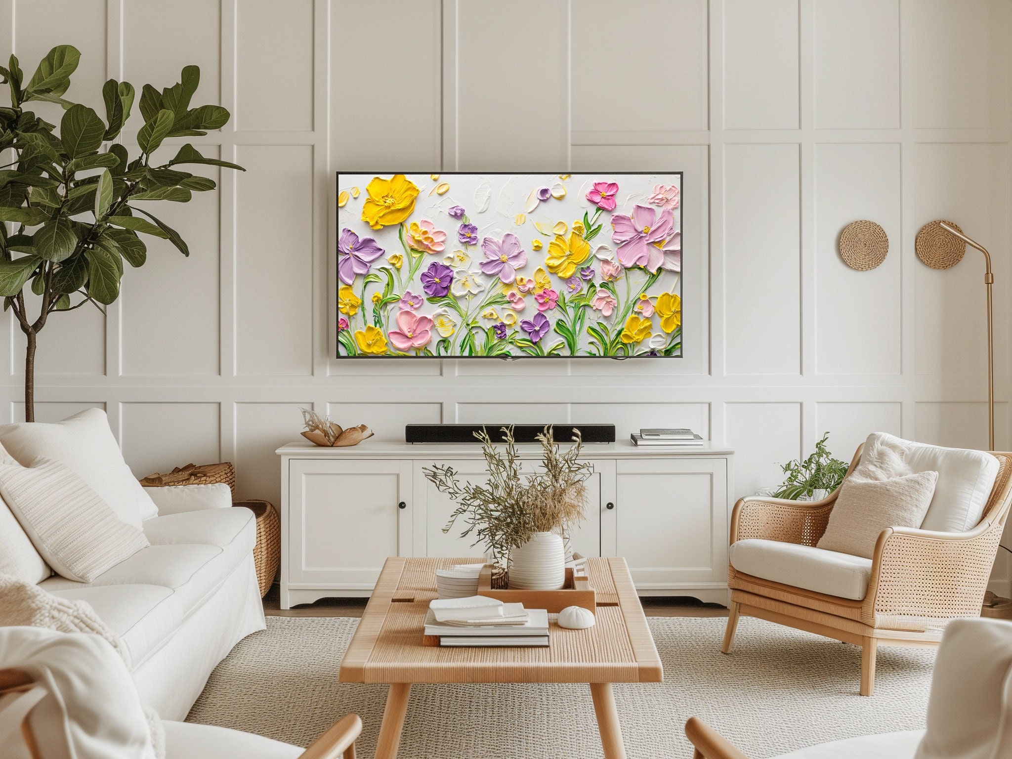 Summer Frame TV Art, Bright Pastel Floral Textured 3D Painting ...
