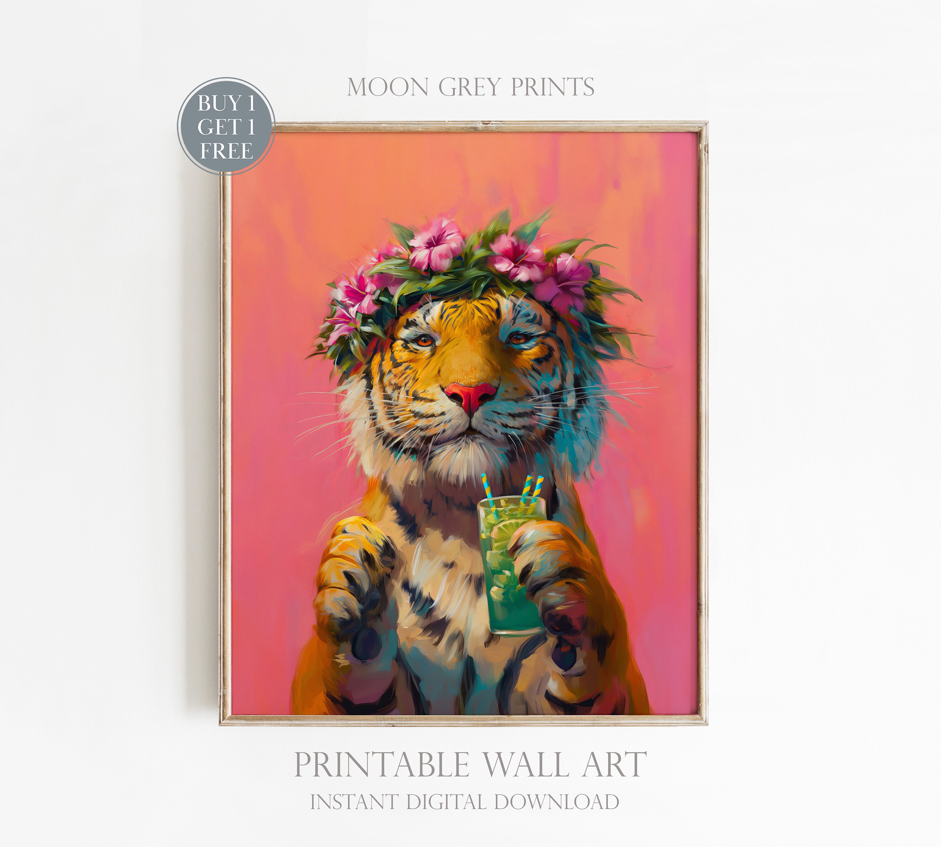 Printable Wall Art, Tiger and Cocktail Maximalist Oil Painting ...