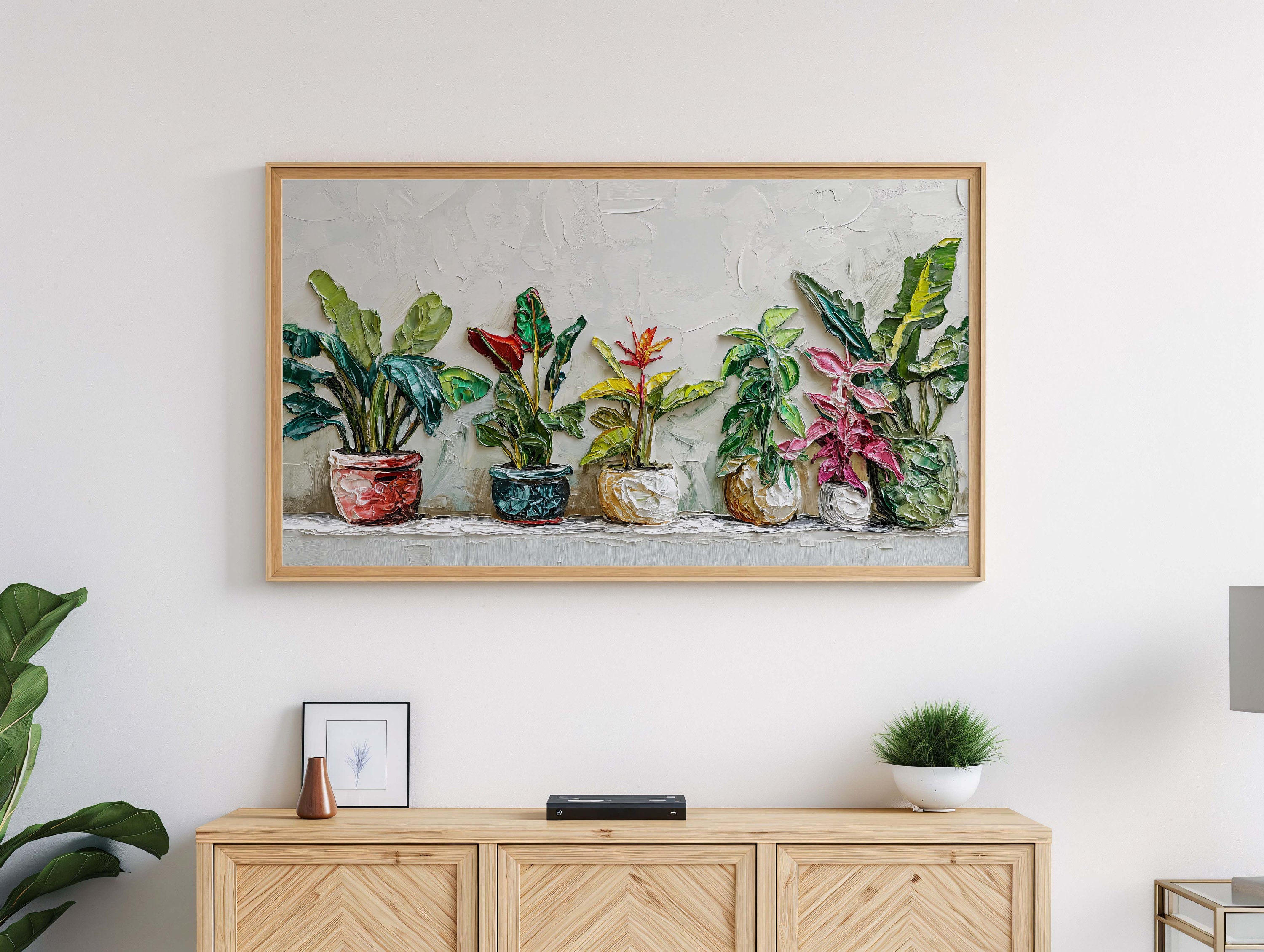 Frame TV Art, Indoor House Plants in Pots Textured Painting, Sculpted ...