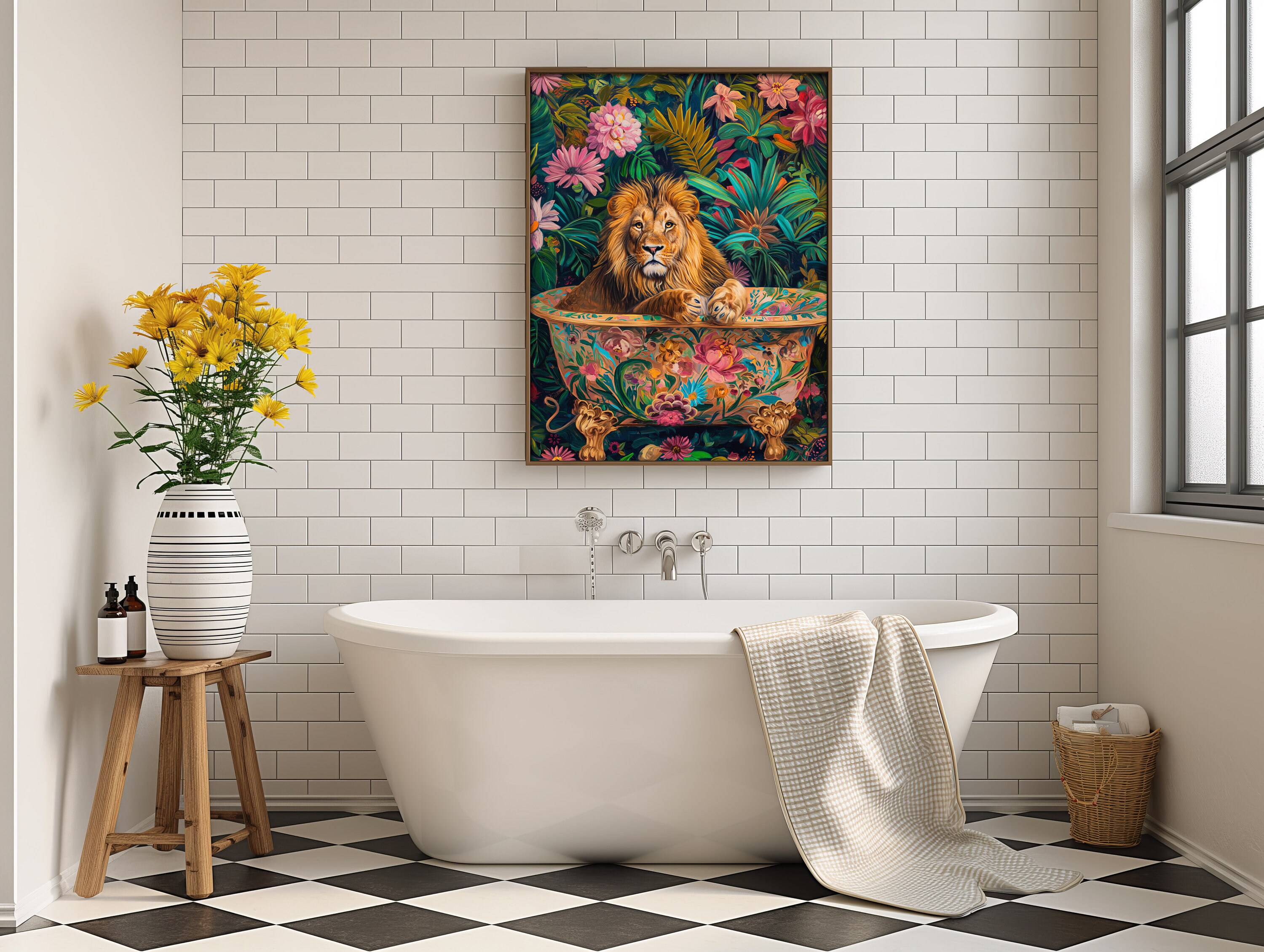 Bathroom Wall Art, Lion in A Bathtub Vivid Maximalist Oil Painting ...