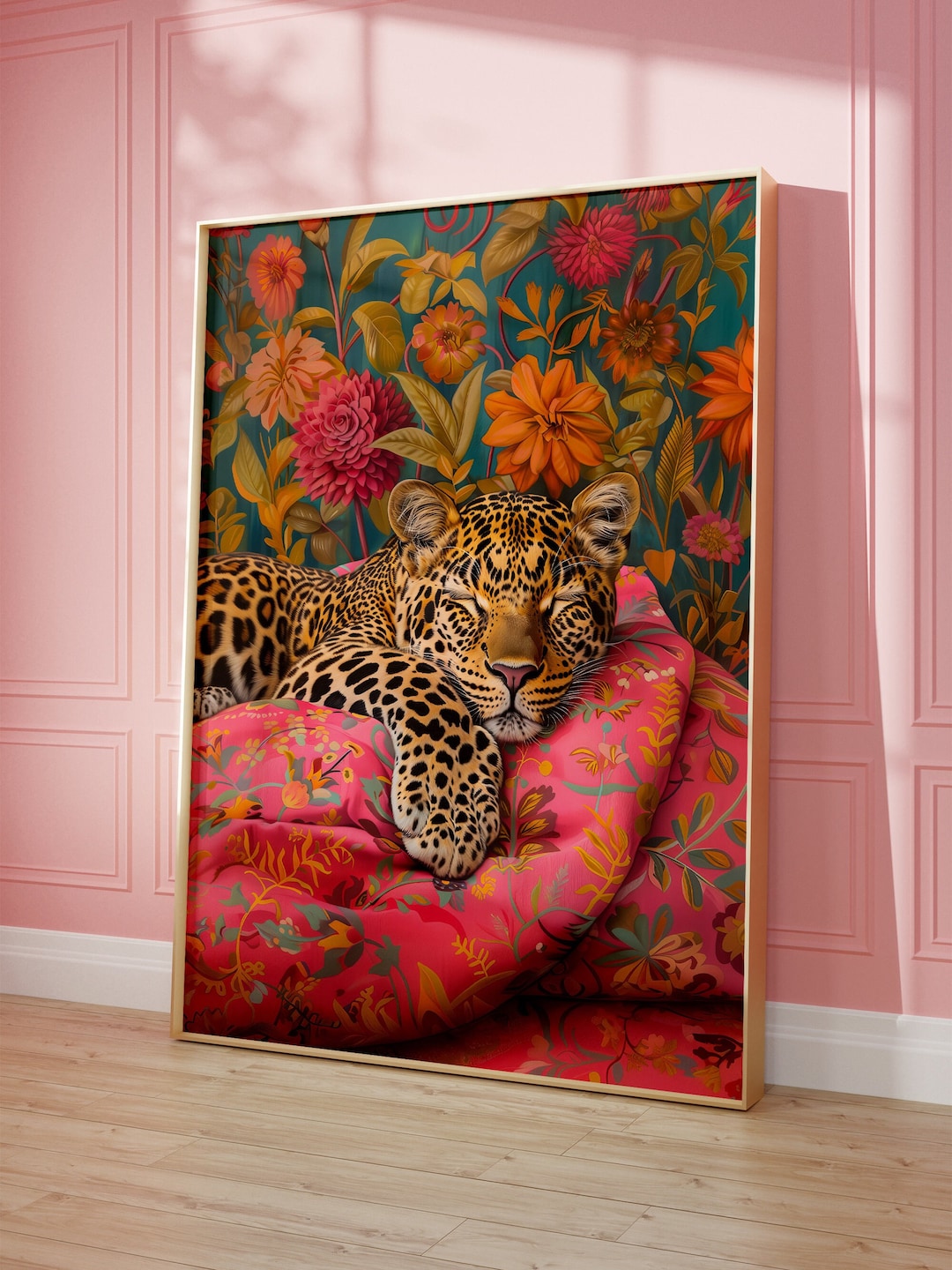 Printable Wall Art, Sleeping Leopard Maximalist Oil Painting, Green ...
