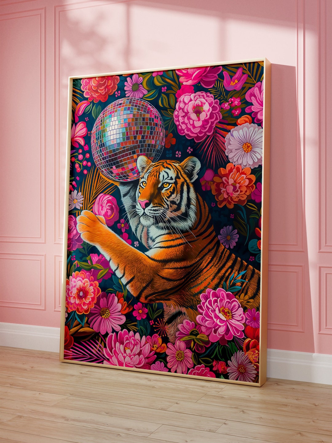 Dopamine Printable Wall Art, Tiger and Disco Ball Vivid Maximalist Oil ...