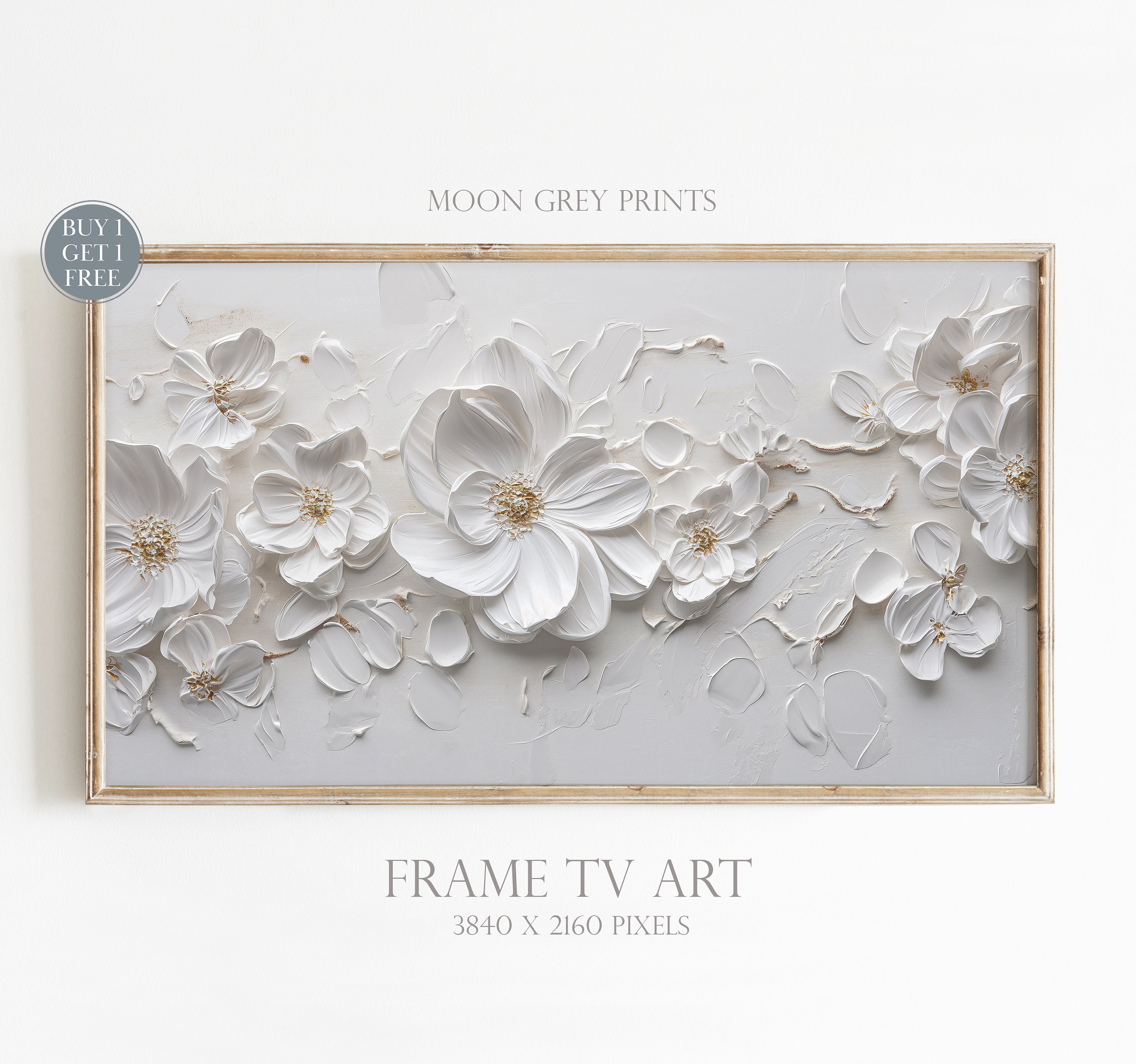 Frame TV Art, Abstract Botanical 3D Painting, Textured Flower White TV ...