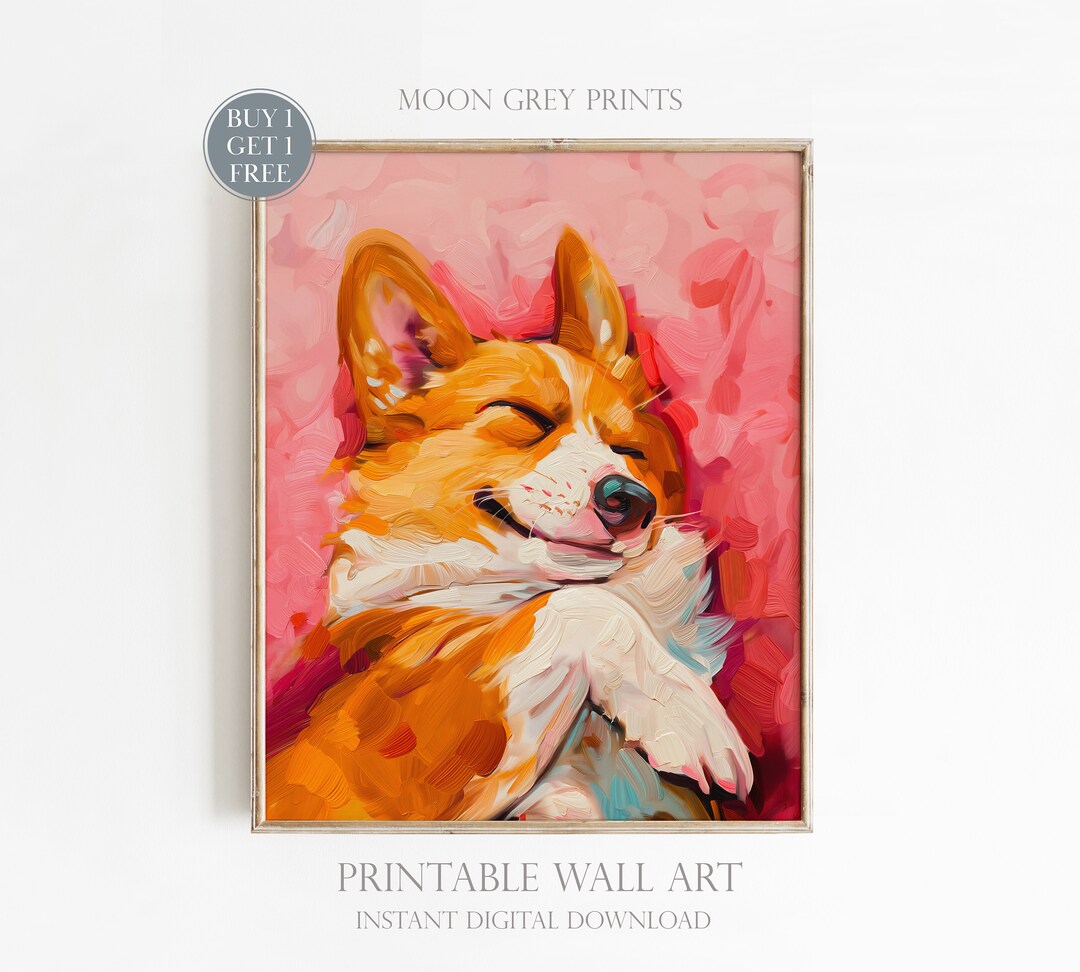 Printable Wall Art, Sleeping Corgi Preppy Oil Painting, Dopamine Decor ...