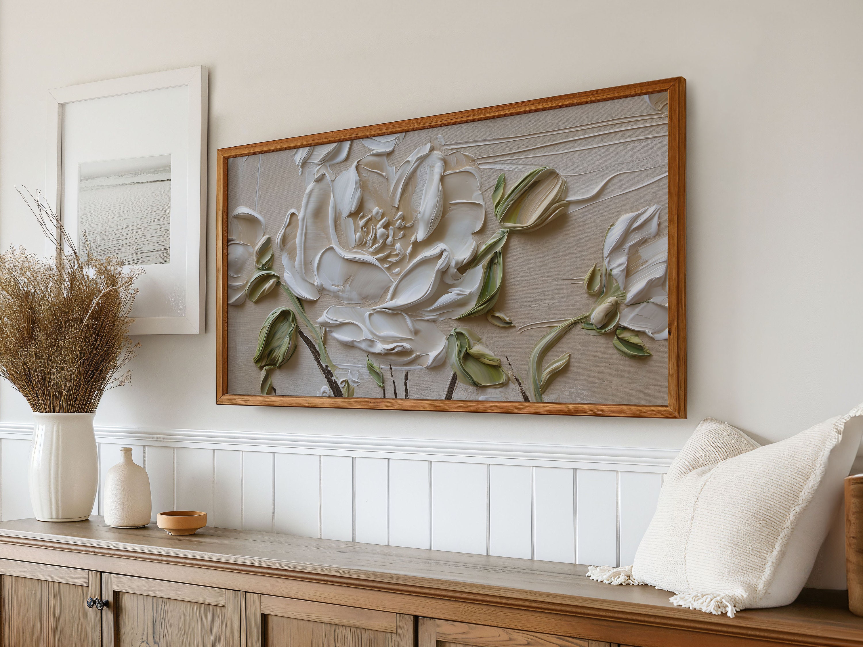 Frame TV Art, Neutral Pastel Beige Peony Textured Painting, Botanical ...