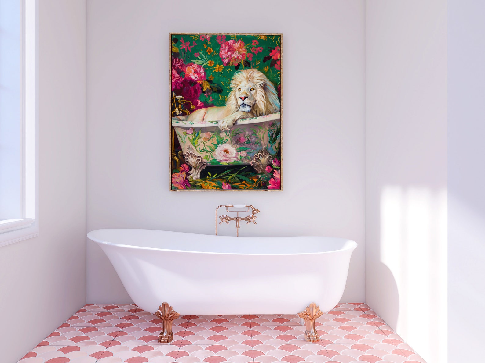 Bathroom Printable Wall Art, White Lion in Bathtub Maximalist Oil ...