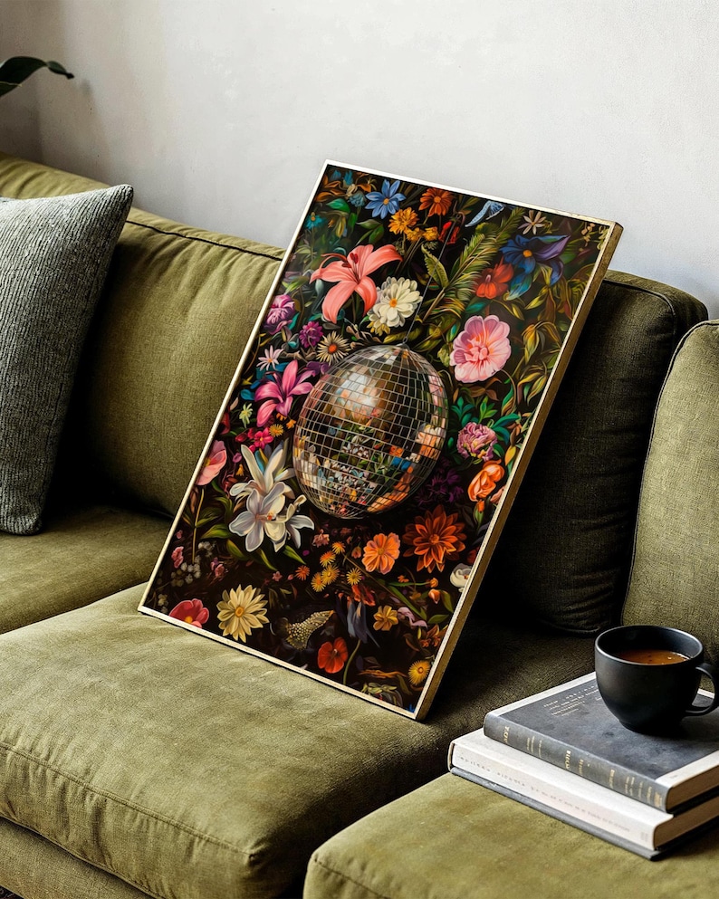 Disco Ball Botanical Wall Art Printable, Maximalist Dark Floral Poster ...