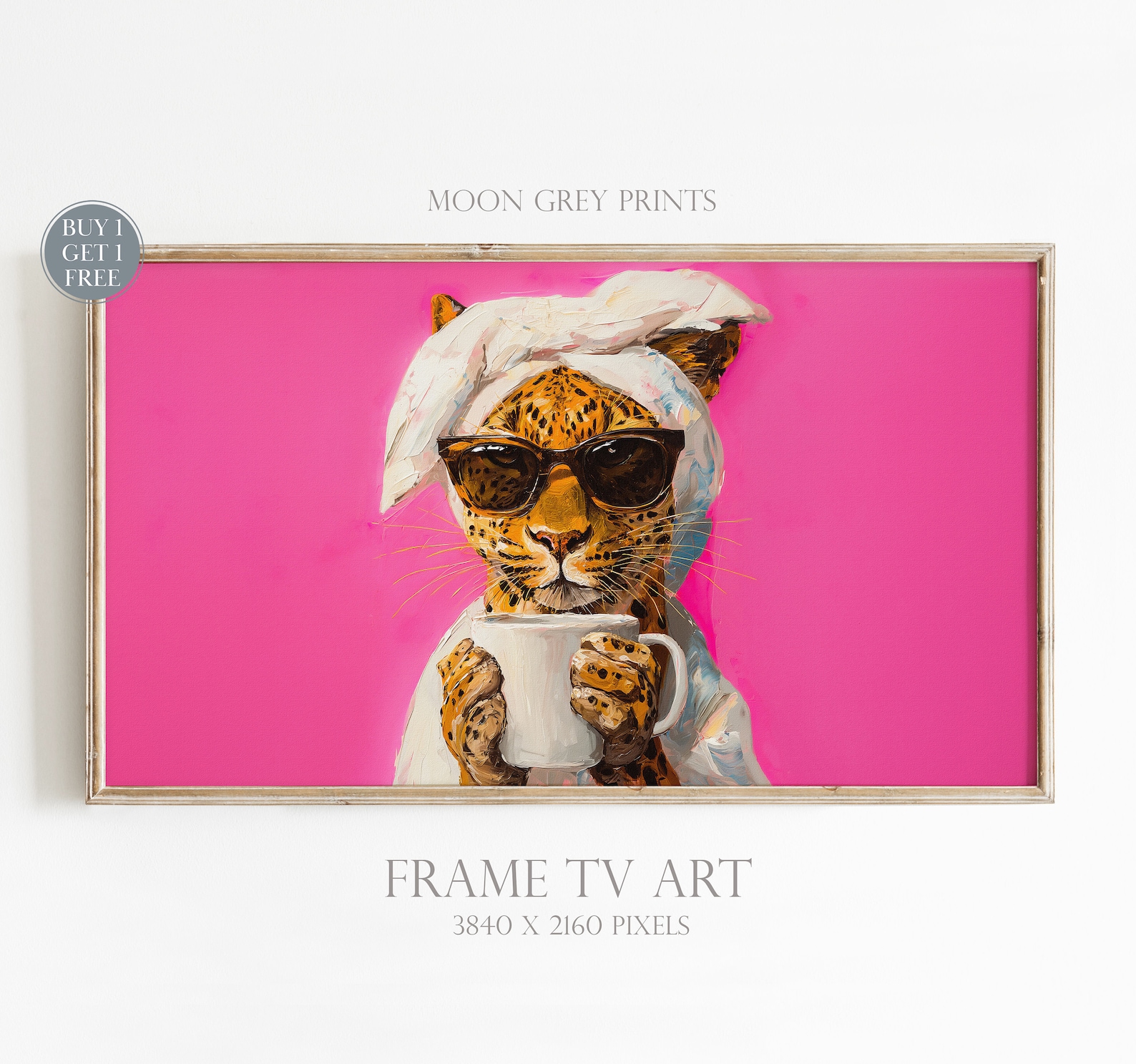 Dopamine Frame TV Art, Leopard Drinking Morning Coffee Maximalist Oil ...