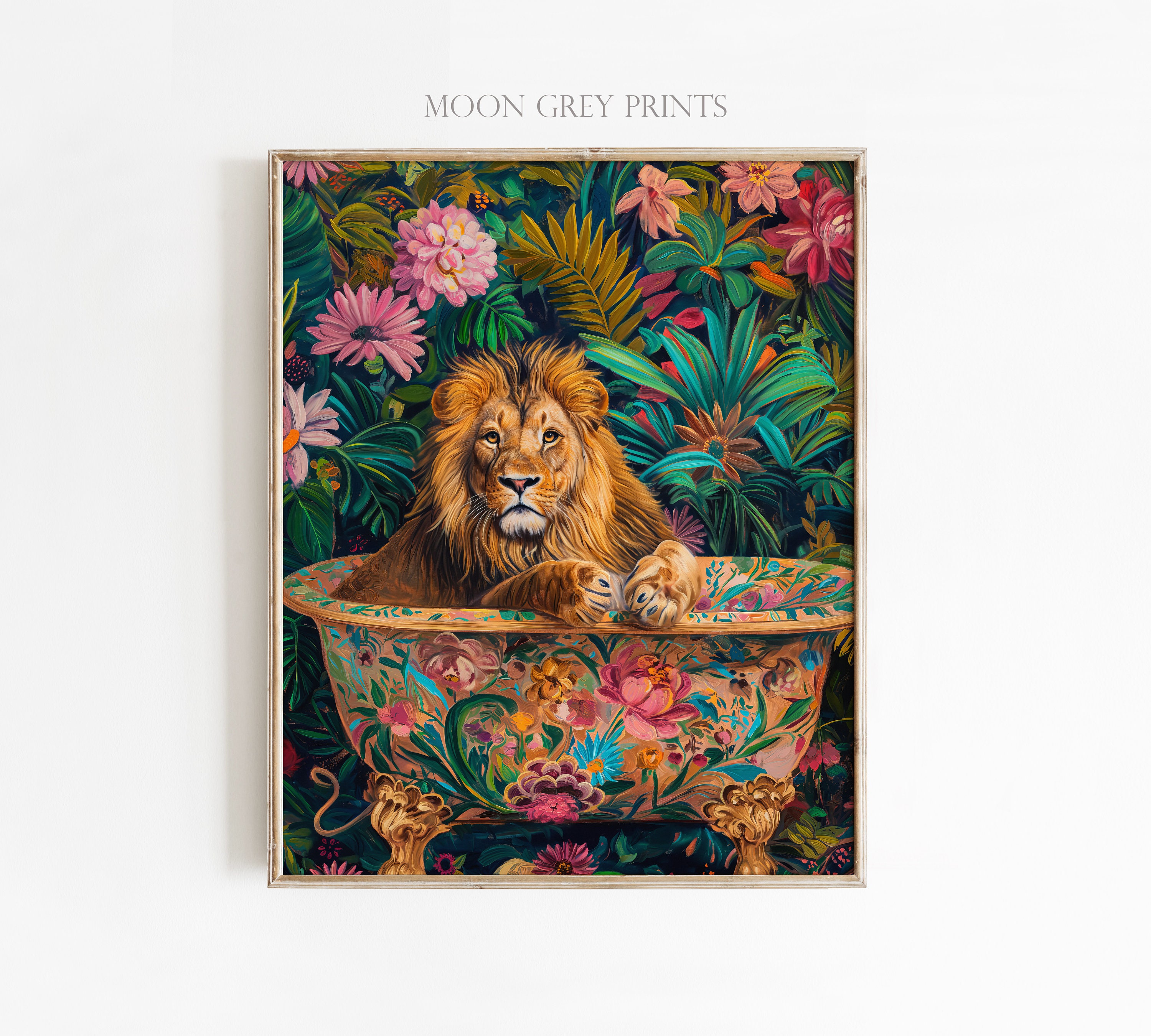 Bathroom Wall Art, Lion in A Bathtub Vivid Maximalist Oil Painting ...