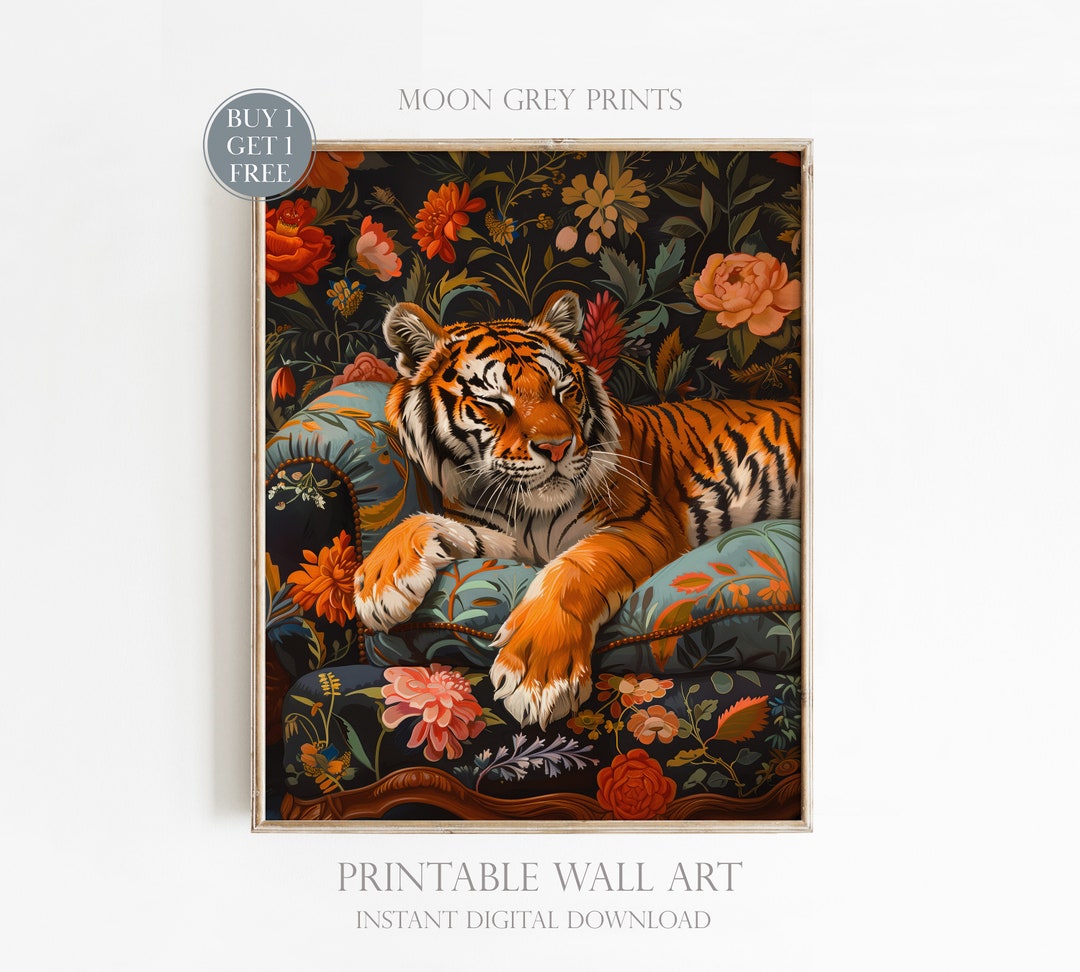 Printable Wall Art, Tiger Sleeping on A Couch Maximalist Oil Painting ...