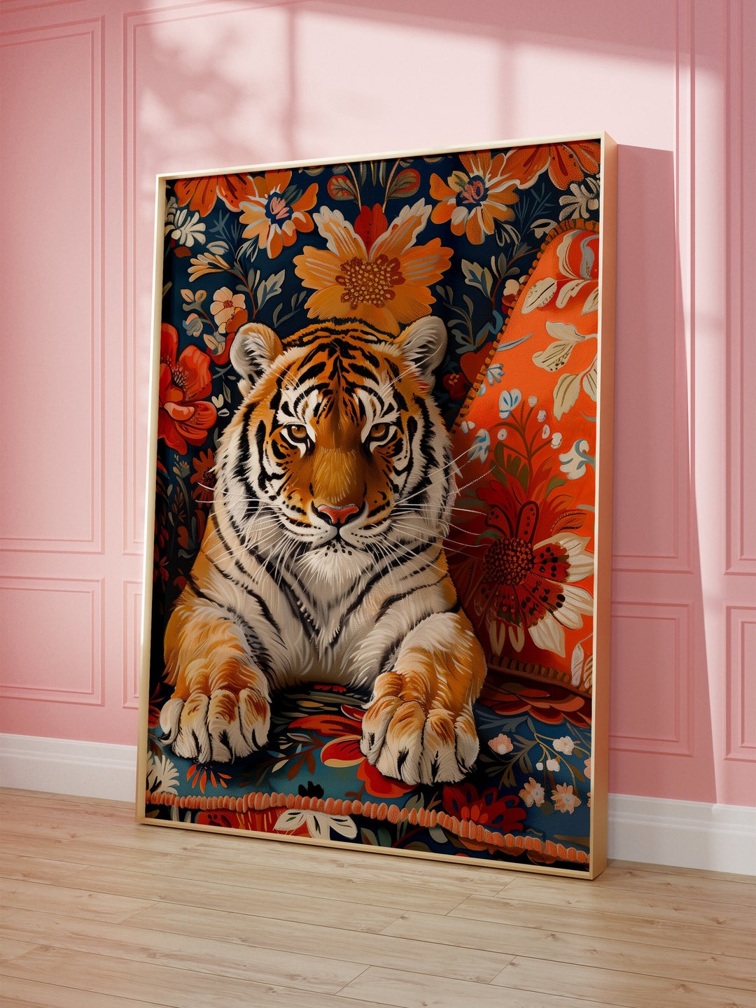 Printable Wall Art, Tiger Laying on Couch Maximalist Oil Painting, Bold ...