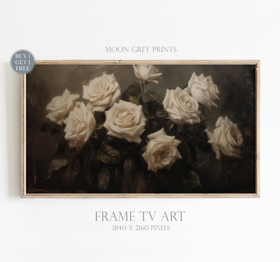 Dark Academia Frame TV Art, Moody Nostalgic White Rose Artwork ...