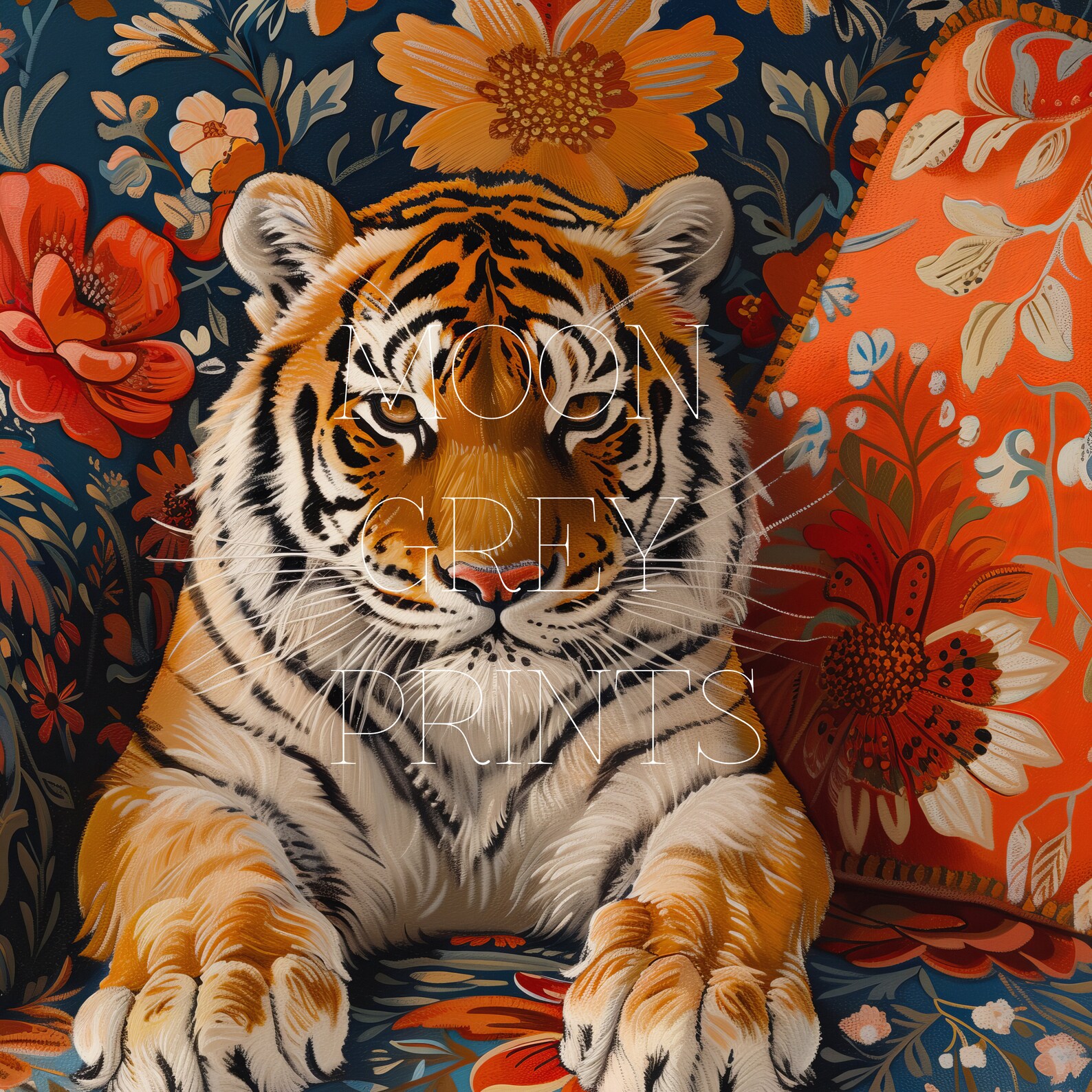Printable Wall Art, Tiger Laying on Couch Maximalist Oil Painting, Bold ...