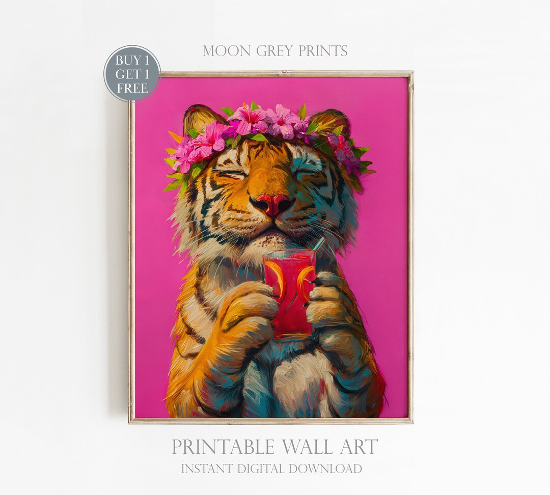 Printable Wall Art, Tiger and Cocktail Maximalist Oil Painting ...
