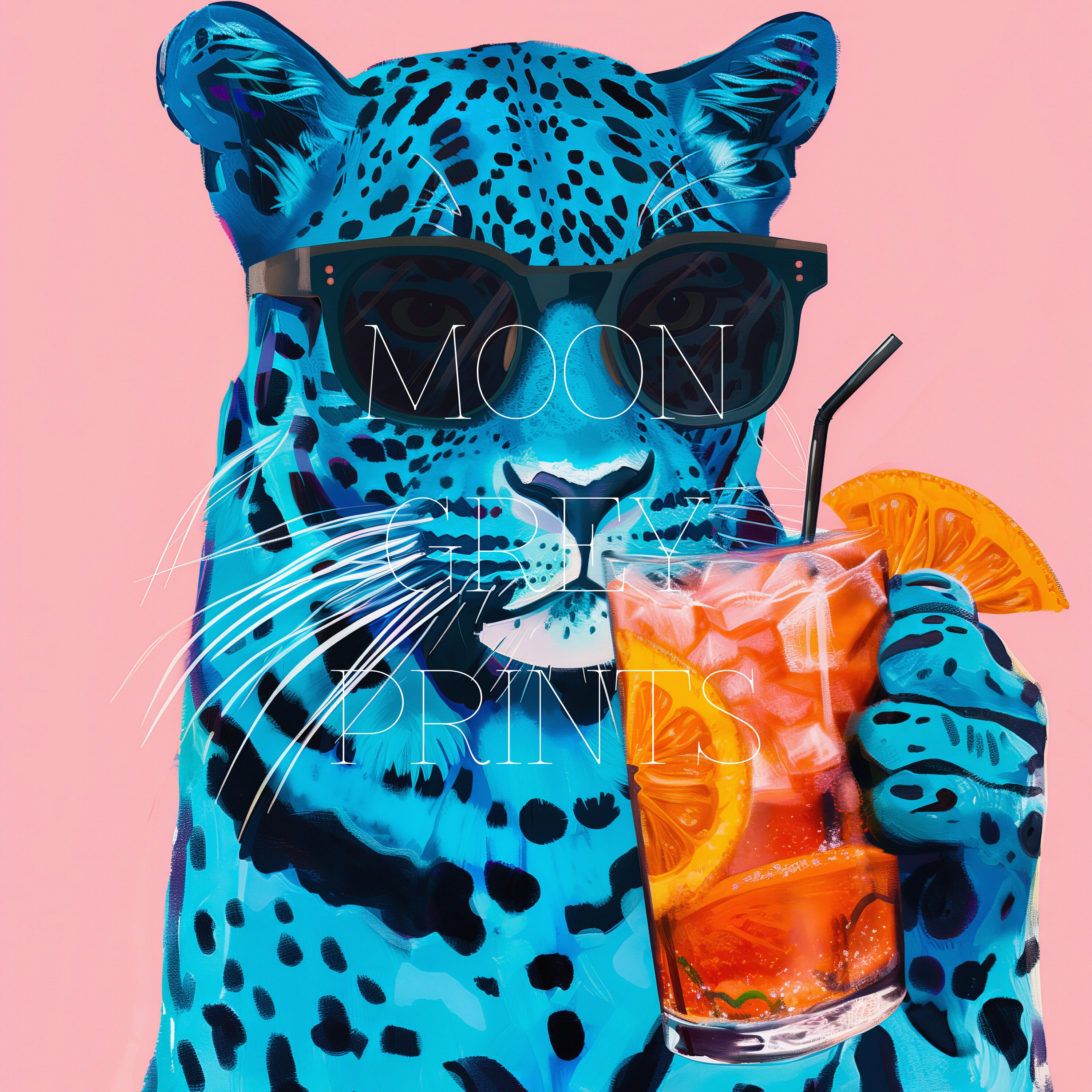 Printable Wall Art, Blue Leopard With Aperol Maximalist Oil Painting, Colorful Dopamine Bar ...