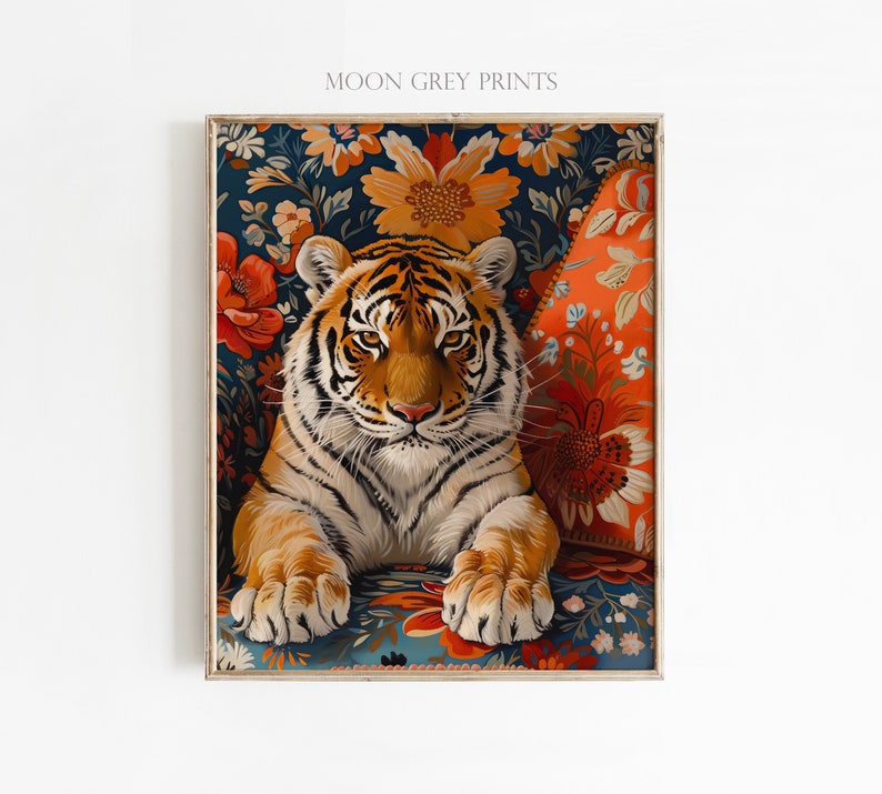 Printable Wall Art, Tiger Laying on Couch Maximalist Oil Painting, Bold ...