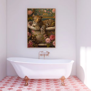 Printable Wall Art, Leopard in A Bathtub Maximalist Oil Painting, Vivid ...