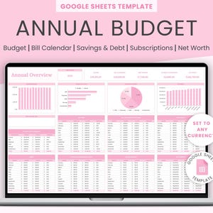 Annual Budget Spreadsheet for Google Sheets in Pink, Yearly Budget ...
