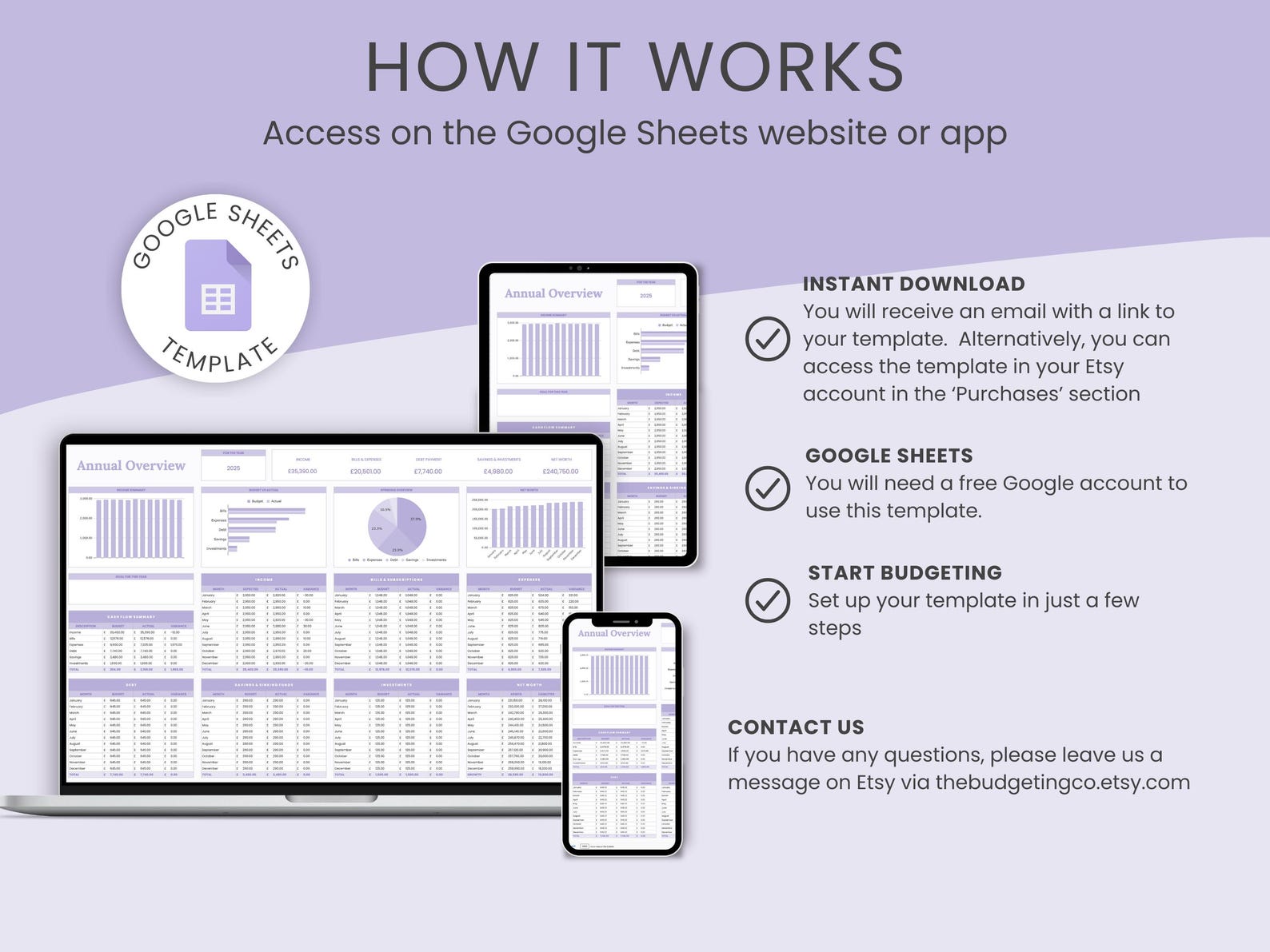 Annual Budget Spreadsheet for Google Sheets in Purple, Yearly Budget ...