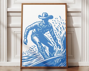 Retro Cowboy Wall Art, Blue Western Print, Cowboy Print, Nashville Wall ...