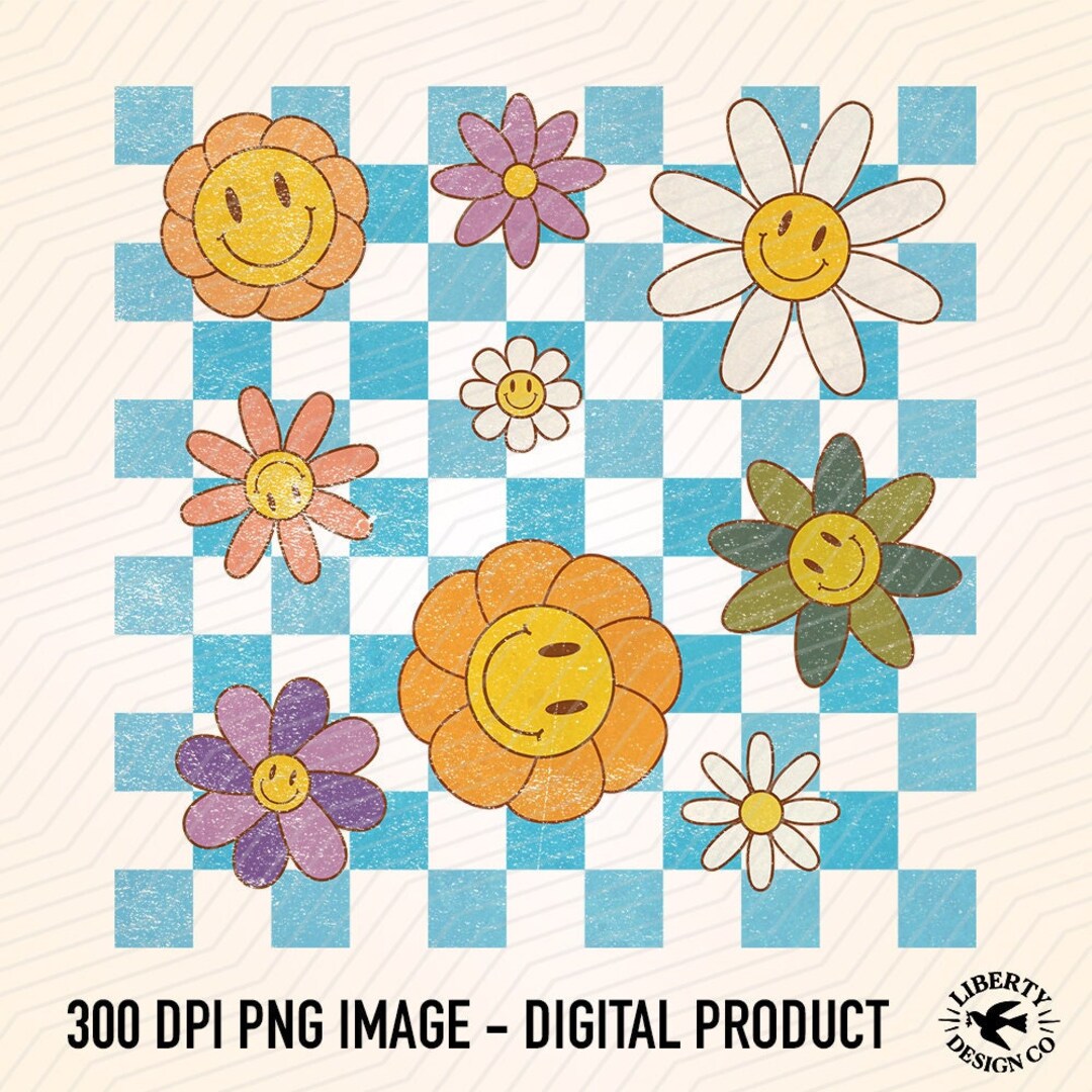 Retro Smile Face Flowers PNG: 70s Groovy Floral Design (digital ...