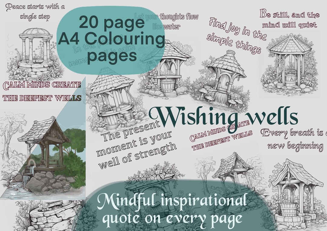 Set of 20 Wishing Well Colouring Pages With Mindful Inspirational ...