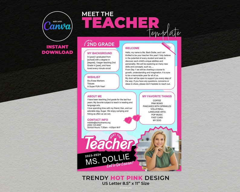 Trendy Hot Pink Meet the Teacher Printable Template, Editable in Canva ...