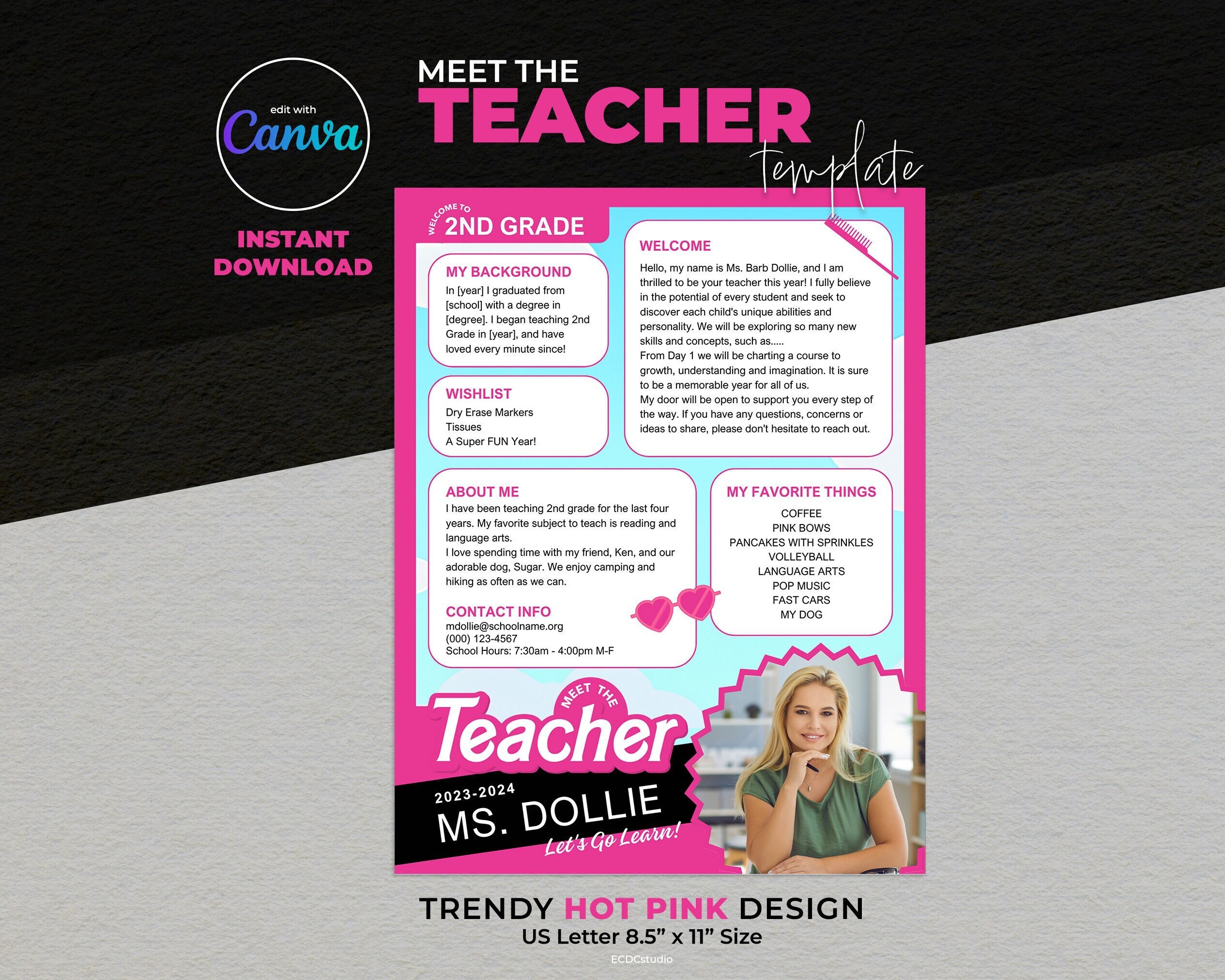 Trendy Hot Pink Meet the Teacher Printable Template, Editable in Canva ...