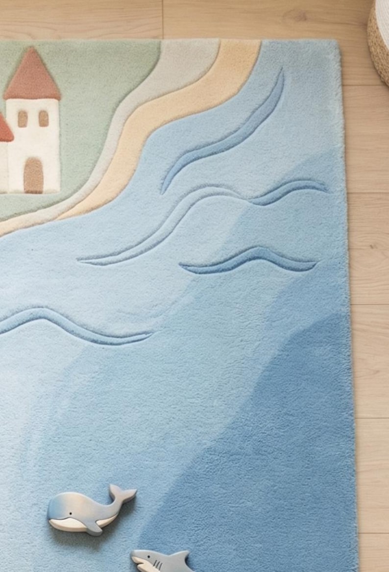 Hand-tufted Kids Rug | Storybook Village Ocean Playroom Carpet | Pastel ...