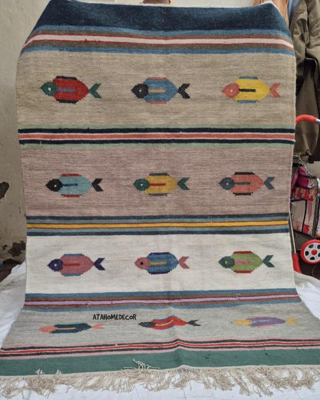 Handwoven Wool Durrie Rug With Colorful Fish Pattern | Sky Blue ...