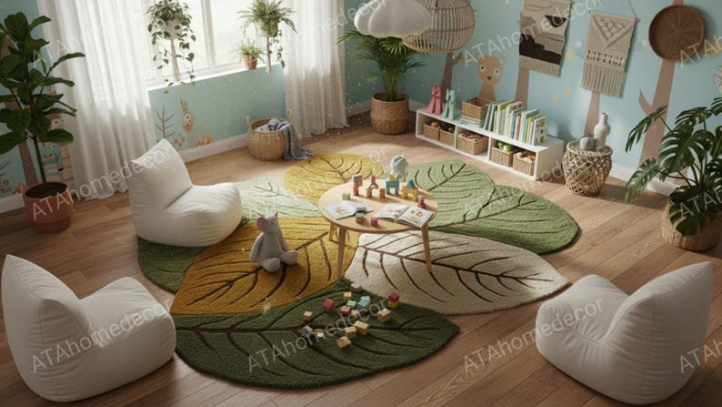 Leaf Shape Kids Rug | Hand Tufted Wool Playroom Rug | Nature Inspired ...