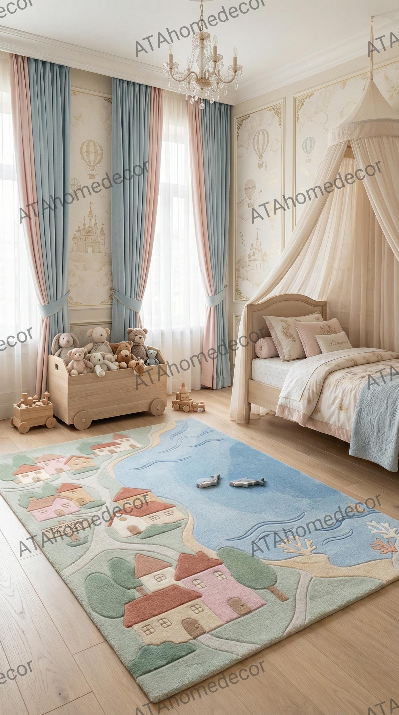 Hand-tufted Kids Rug | Storybook Village Ocean Playroom Carpet | Pastel ...