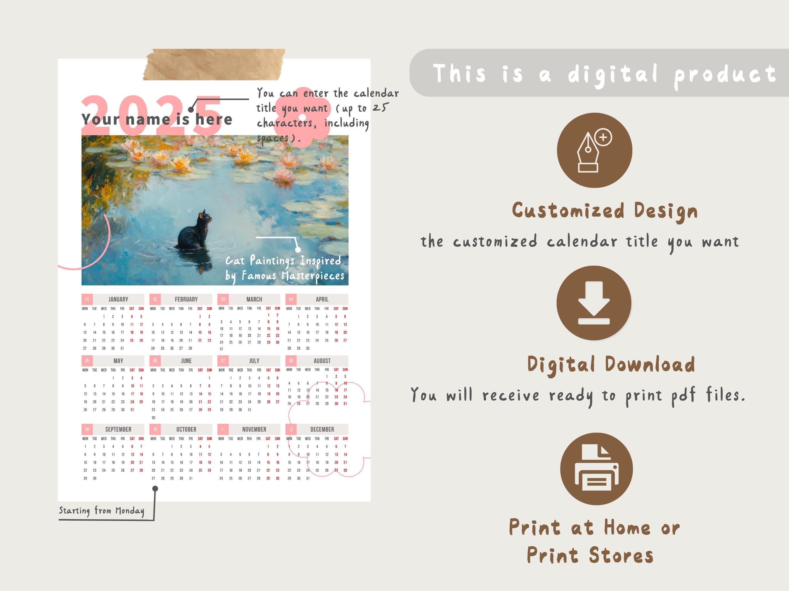 Cats in Water Lilies | Monet | 2025 Printable Calendar | Custom Order ...