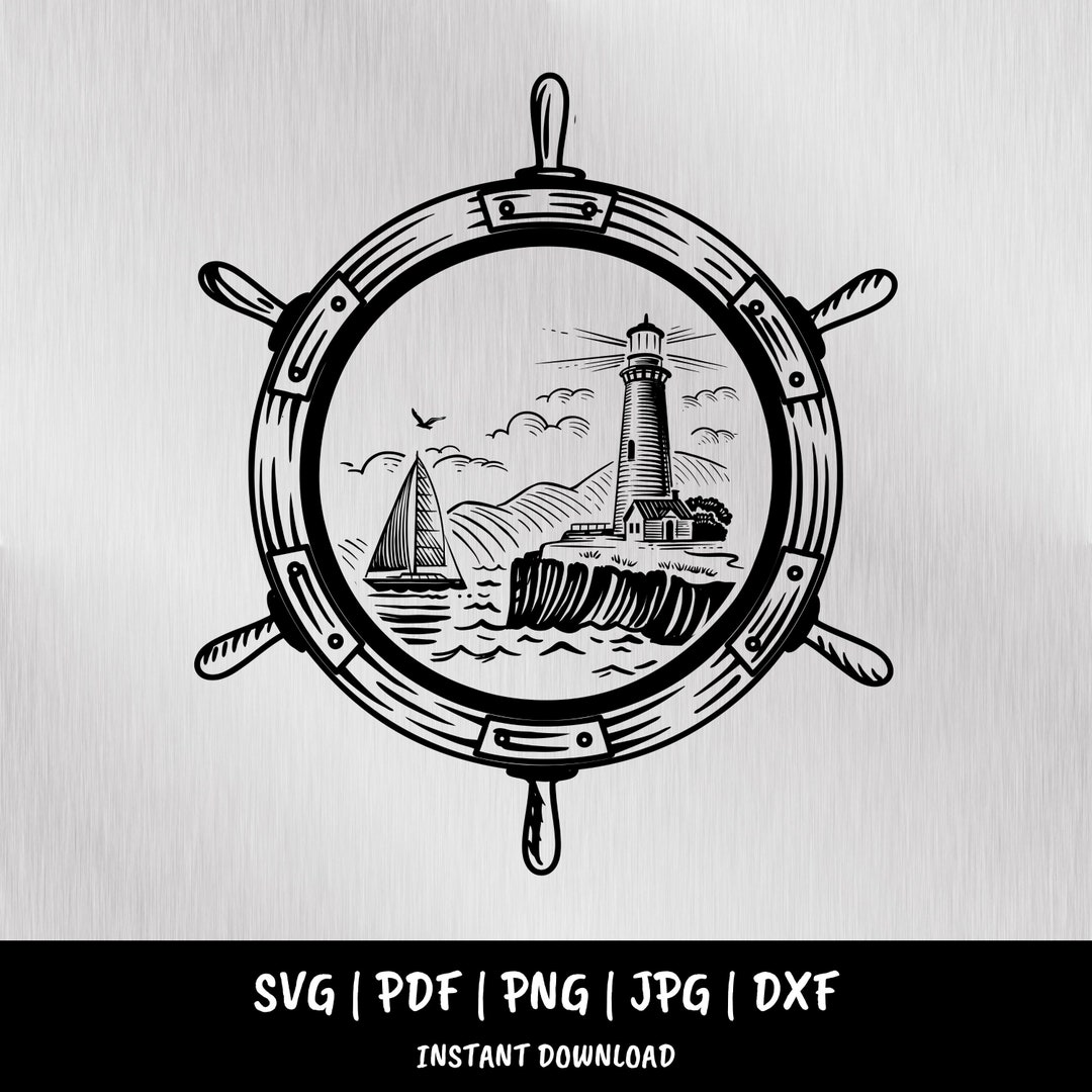Ship Rudder SVG Steering Wheel With Sea Scene Silhouette - Etsy