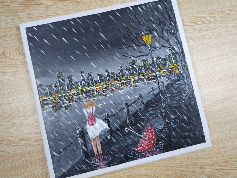 A Crying Girl in the Rain Acrylic Painting Landscape Painting - Etsy