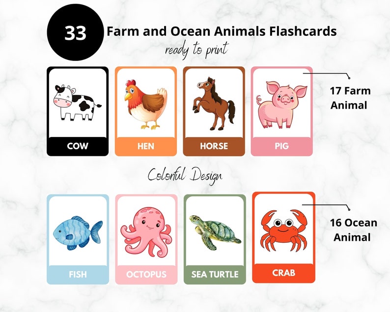 Colorful Farm and Ocean Animals Flashcards, Educational Flashcards: 33 ...