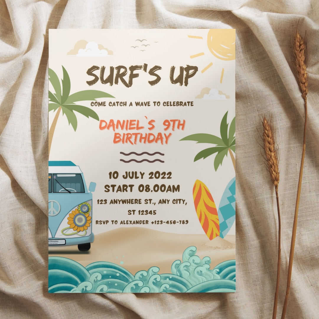 Surfing Theme Birthday Invitation Template, Surf's up Birthday Invite ...