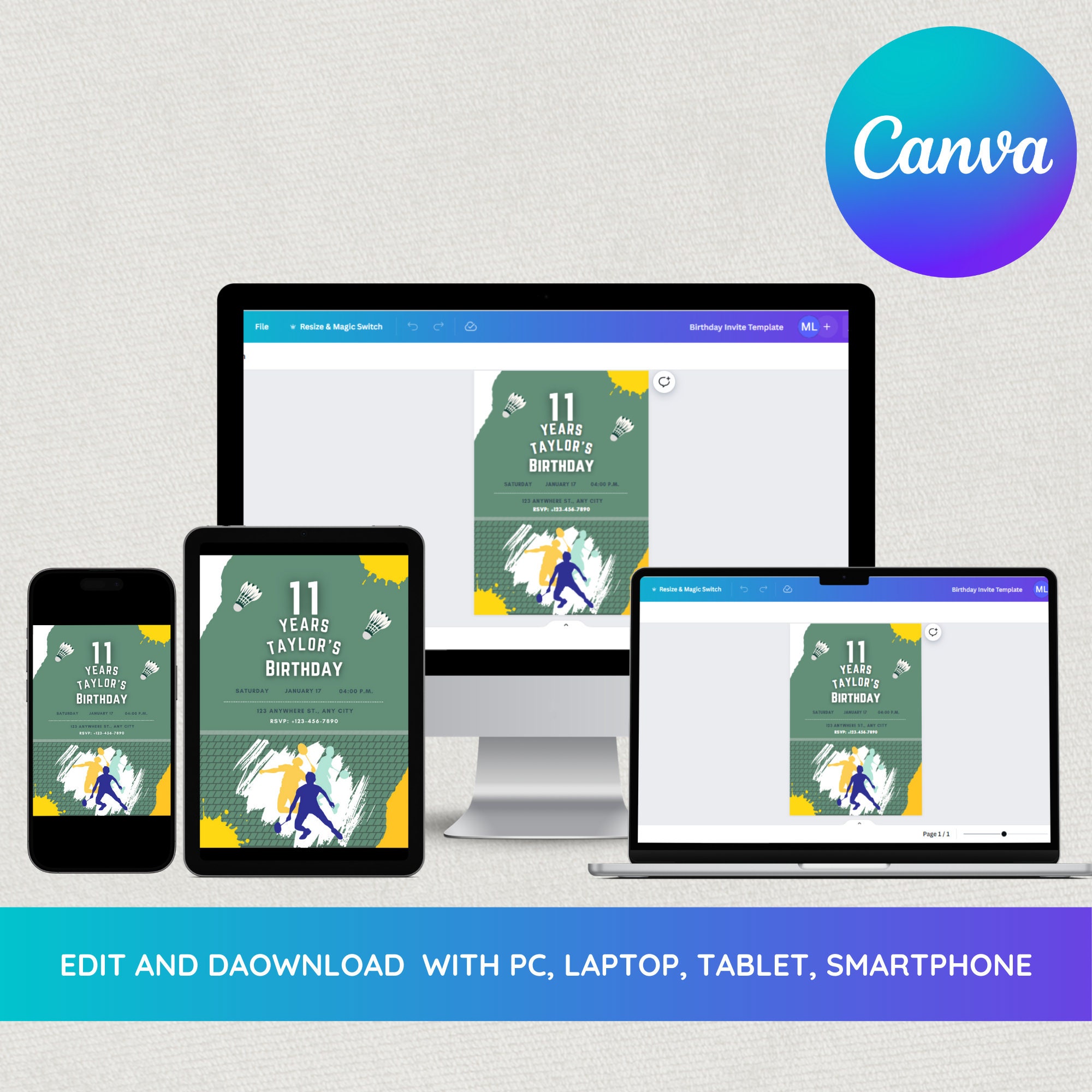 Badminton Birthday Invitation, Badminton Party Invitation, Game On ...