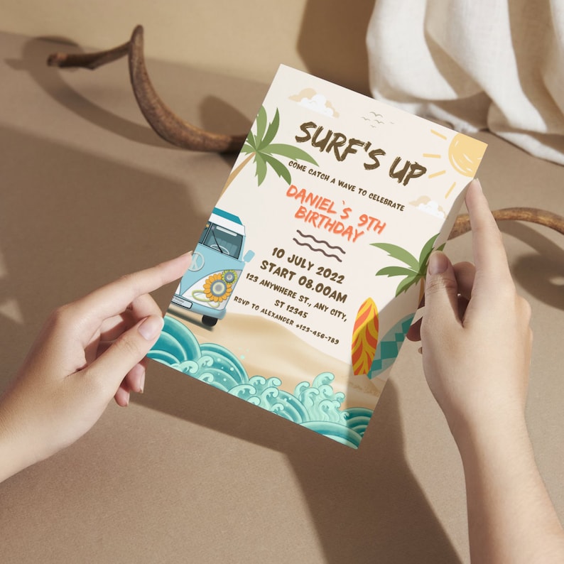 Surfing Theme Birthday Invitation Template, Surf's up Birthday Invite ...